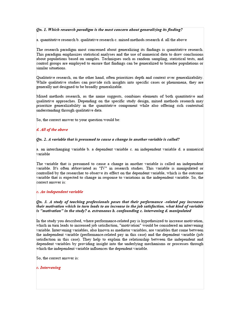 Research Questions Paper and Answers | PDF | Sampling (Statistics ...