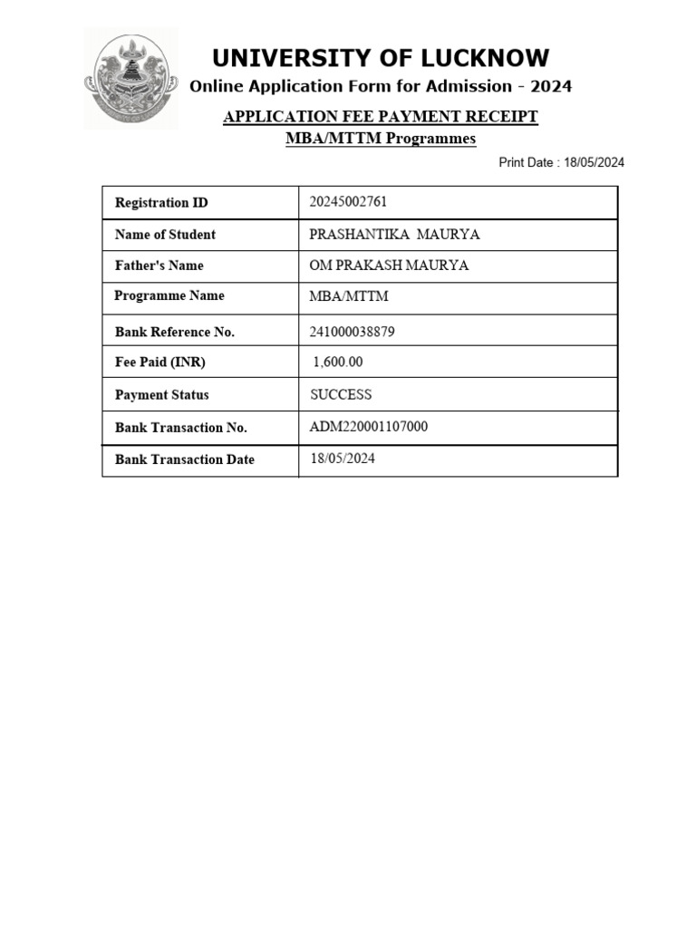 MBA/MTTM Application Fee Receipt | PDF