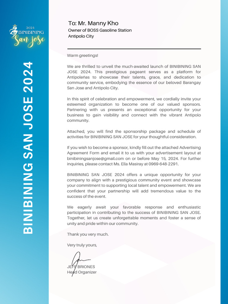 BB Sanjose Sponsorship Letter For Mr. Manny Kho | PDF | Cheque
