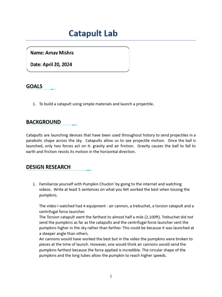 Catapult Lab1 | PDF | Projectiles | Force
