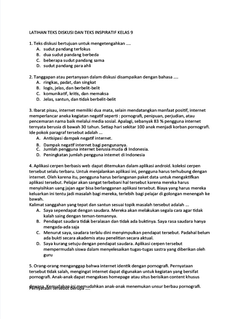 PDF Latihan Teks Diskusi Dan Teks Inspiratif Kelas 9 - Compress | PDF