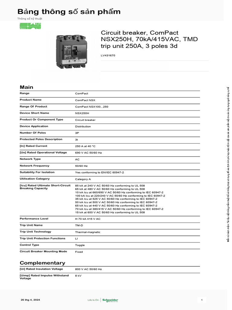 Ảng Thông Số Sản Phẩm: Circuit Breaker, Compact Nsx250H, 70Ka/415Vac ...