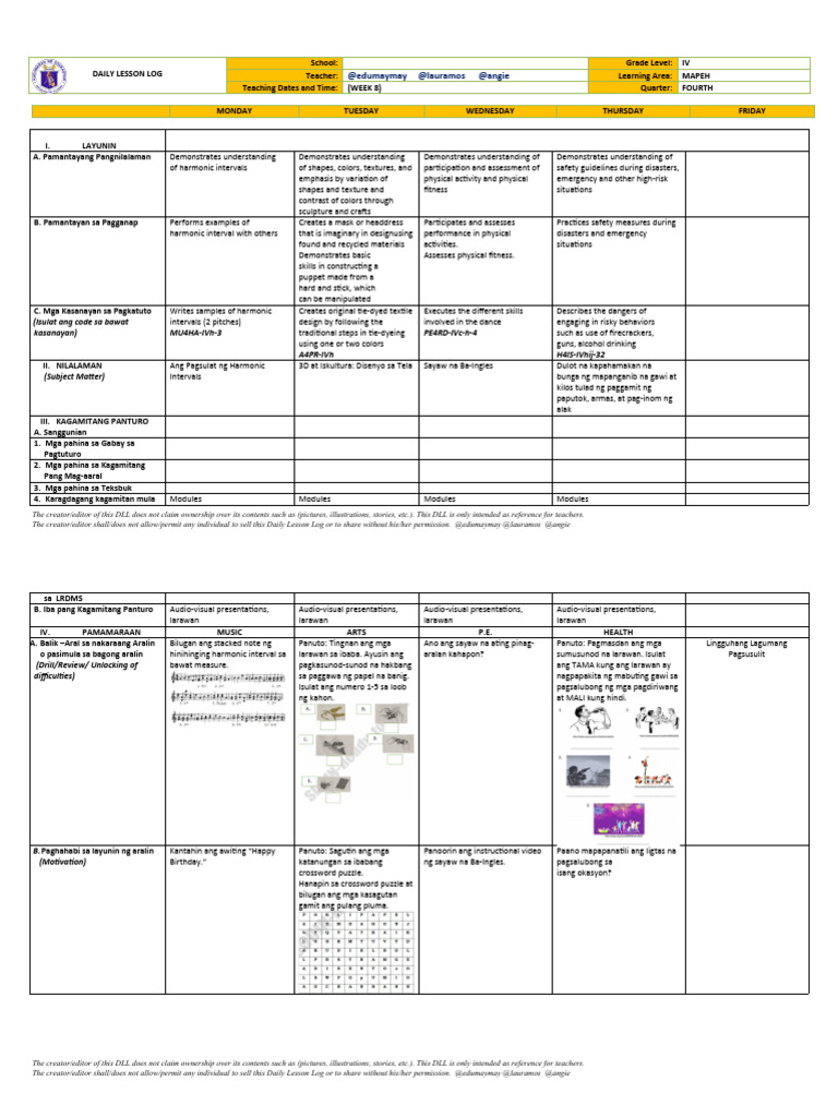 DLL MAPEH-4 Q4 W8 Newedumaymaylauramosangie | PDF