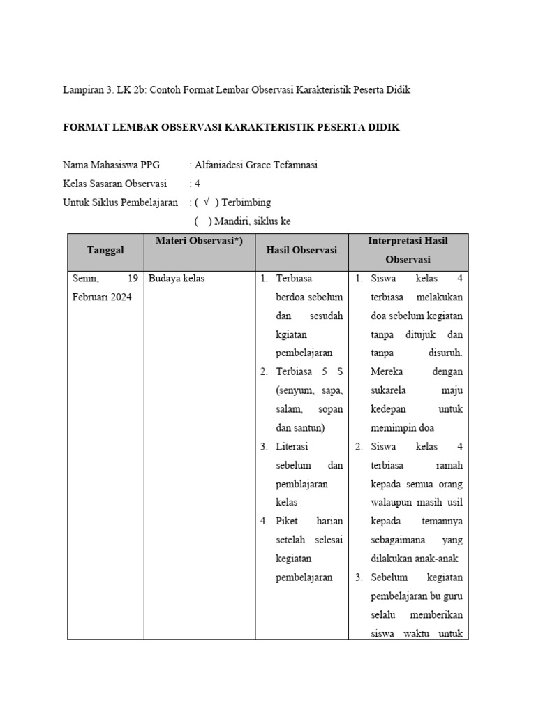 Lampiran 3. LK 2b Contoh Format Lembar Observasi Karakteristik Peserta Didik | PDF