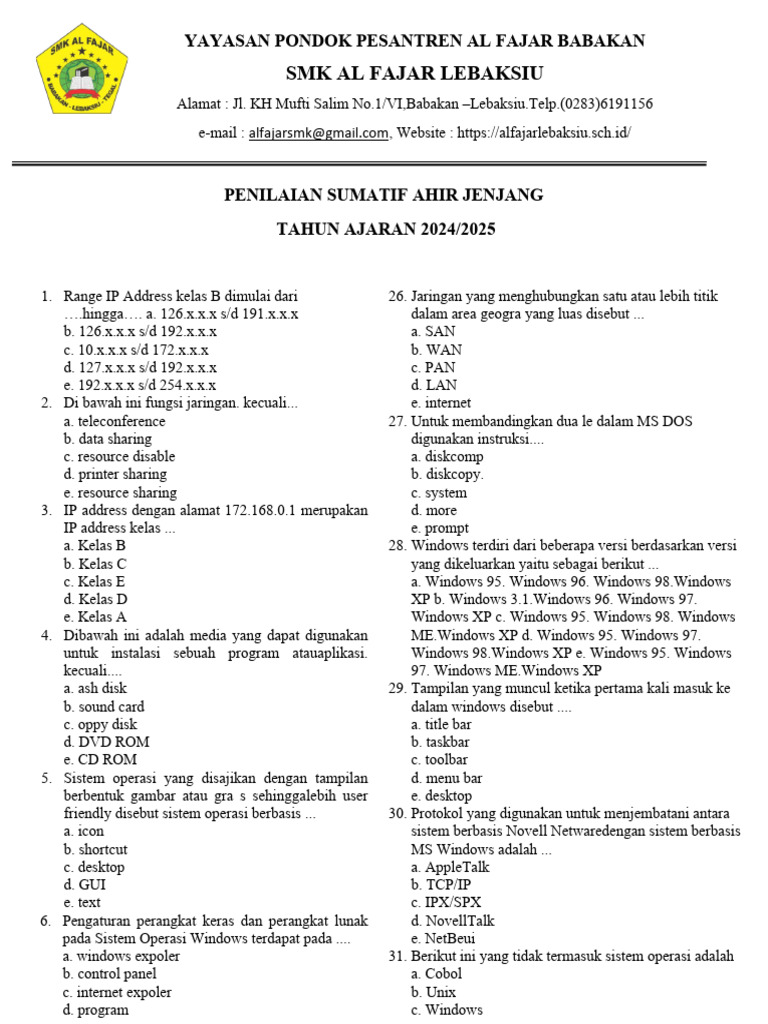 Soal Pat Asj SMT 2 Kunci Jawaban | PDF | Komputer