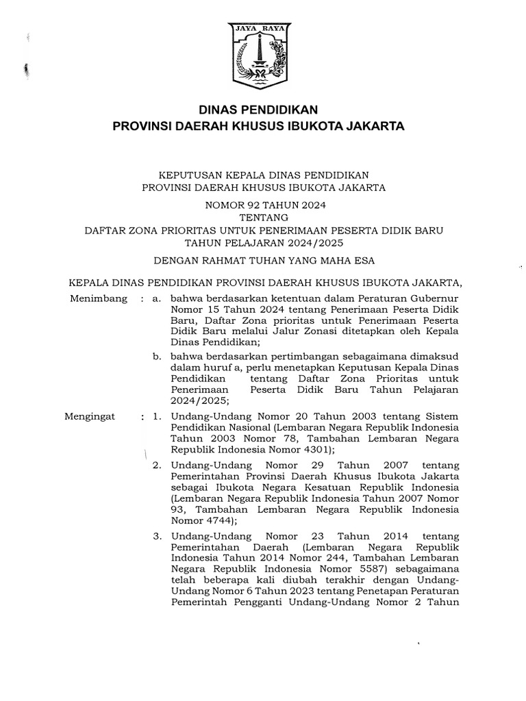 SK Kadisdik Nomor 92 Tahun 2024 Tentang Daftar Zona Prioritas Untuk PPDB TP 2024 2025 | PDF