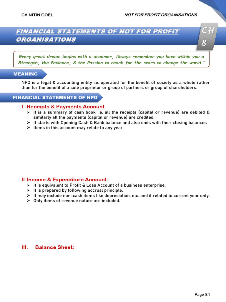 Financial Statements of Not For Profit Organisations: I. Receipts ...
