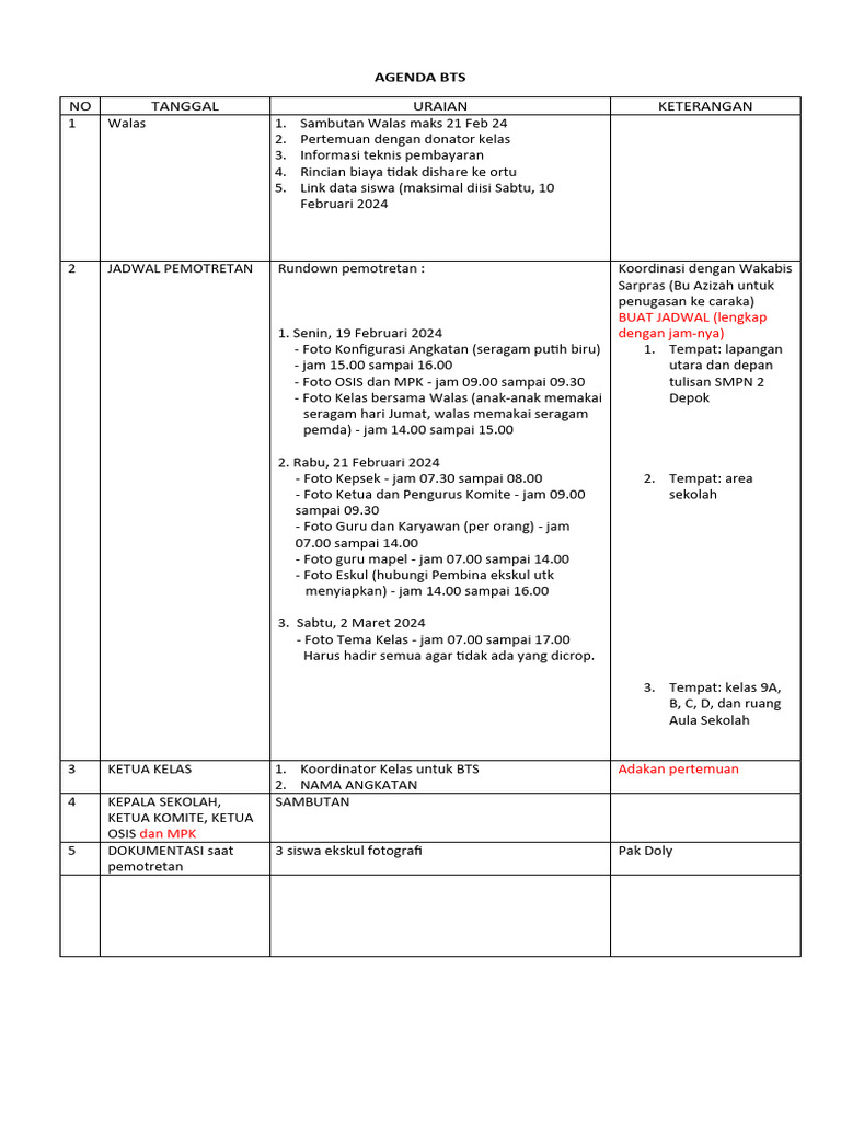 2024 Timeline Agenda BTS SMPN 2 Depok | PDF