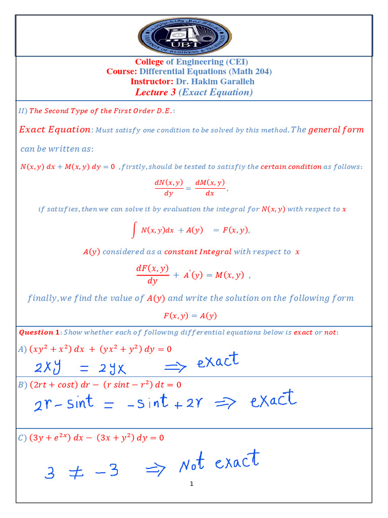 Exact Equations In Differential Equations Pdf Teaching Methods