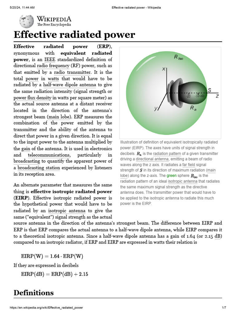 Effective Radiated Power: Definitions | PDF | Antenna (Radio ...