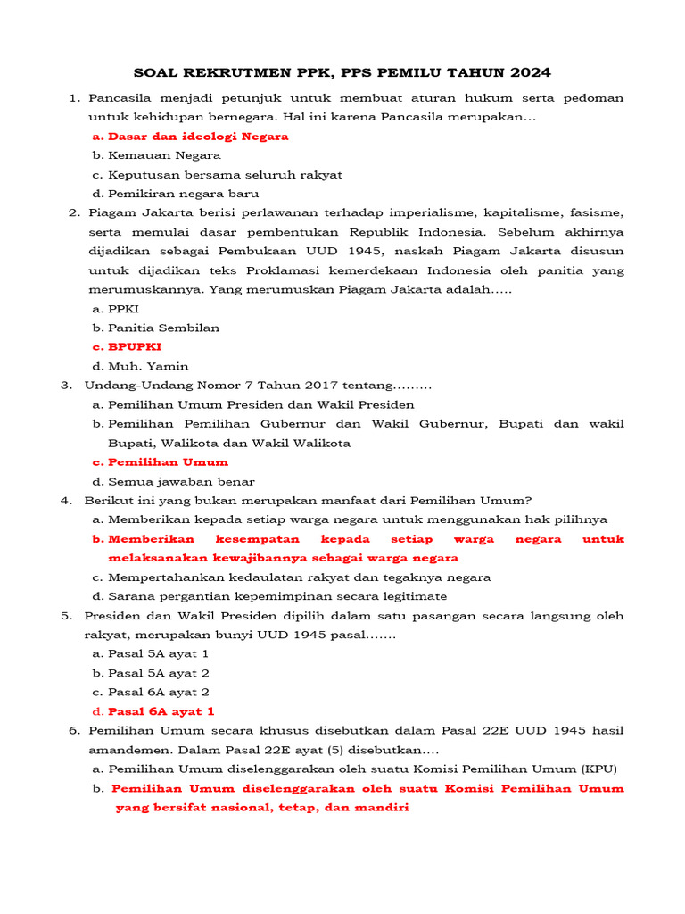 Soal Rekrutmen PPK, Pps Pemilu Tahun 2024: D. Pasal 6A Ayat 1 | PDF