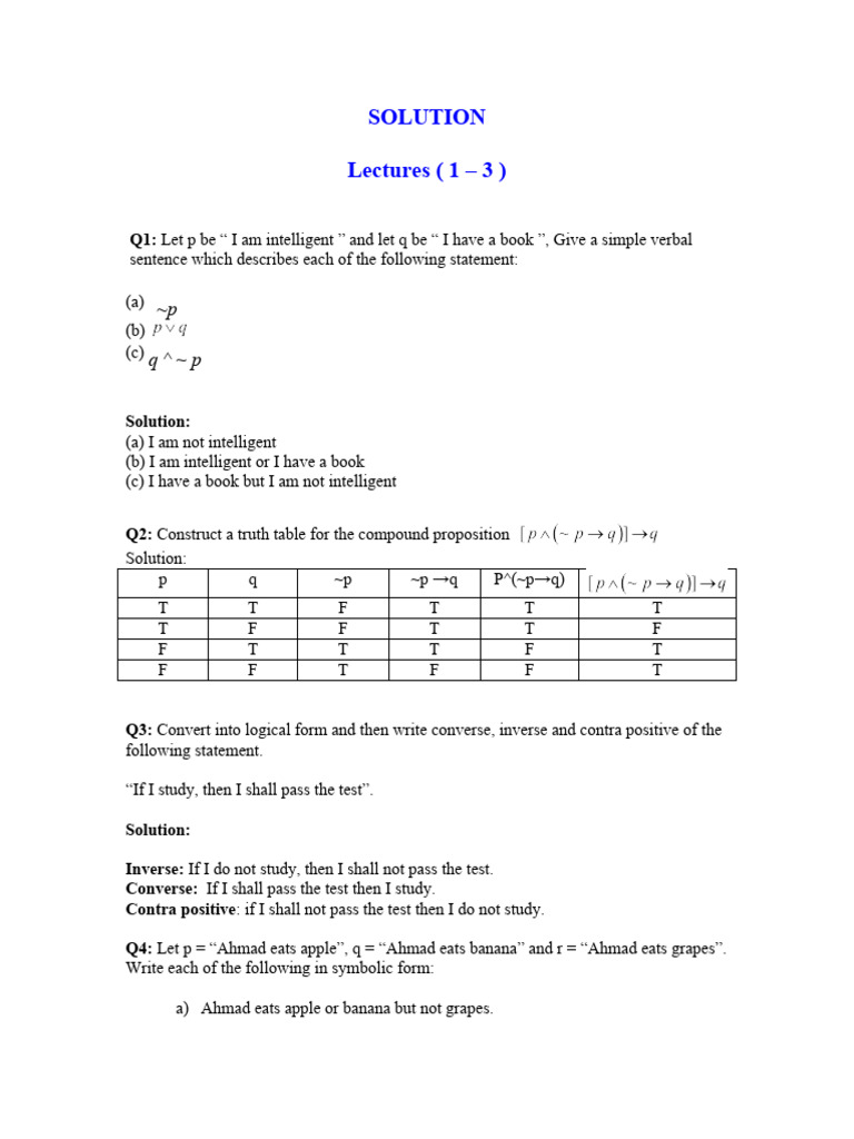 Solution of Practice Questions Lec 1 To 3 | PDF | Proposition | Mathematical Logic