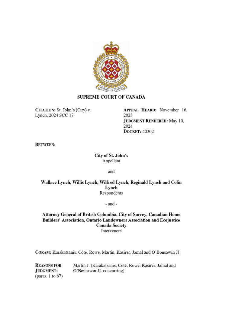 St. John's (City) v. Lynch, 2024 SCC 17 (May 10, 2024) | PDF | Eminent ...