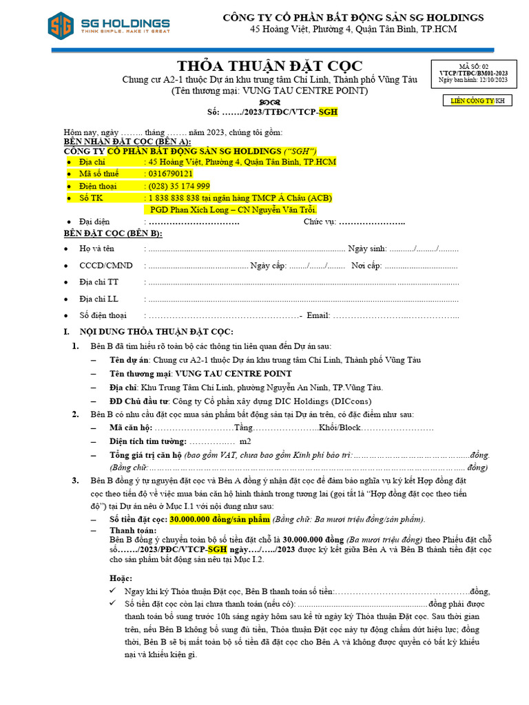 SGH - VTCP - BM02 - THOA THUAN DAT COC (Can Ho 30tr) | PDF