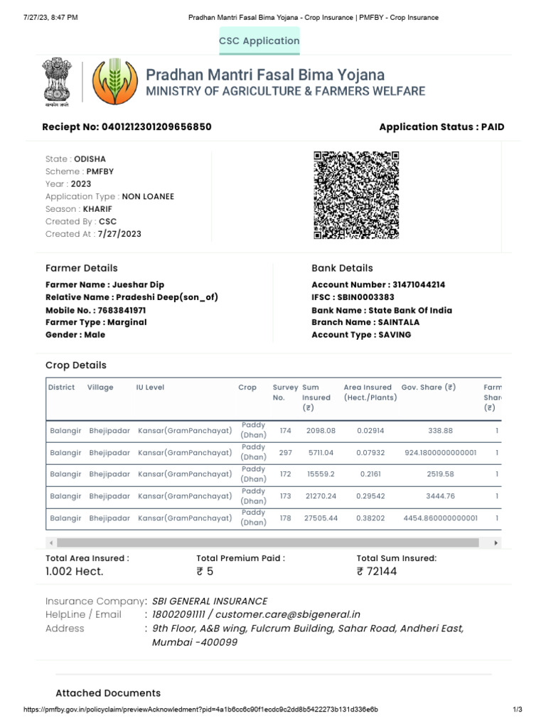 PMFBY Crop Insurance Acknowledgment 2023 | PDF