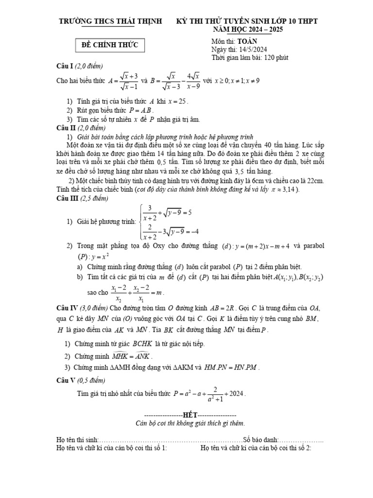 De Thi Thu Toan Tuyen Sinh Lop 10 Nam 2024 2025 Truong Thcs Thai Thinh Ha Noi | PDF