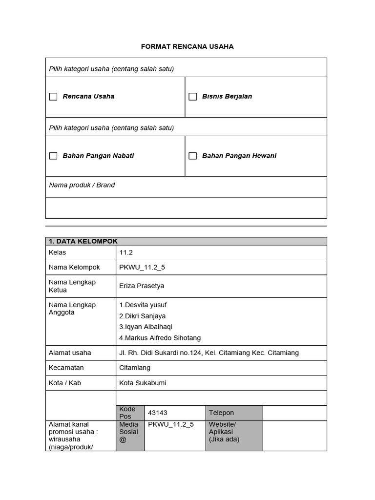 Format Rencana Usaha | PDF