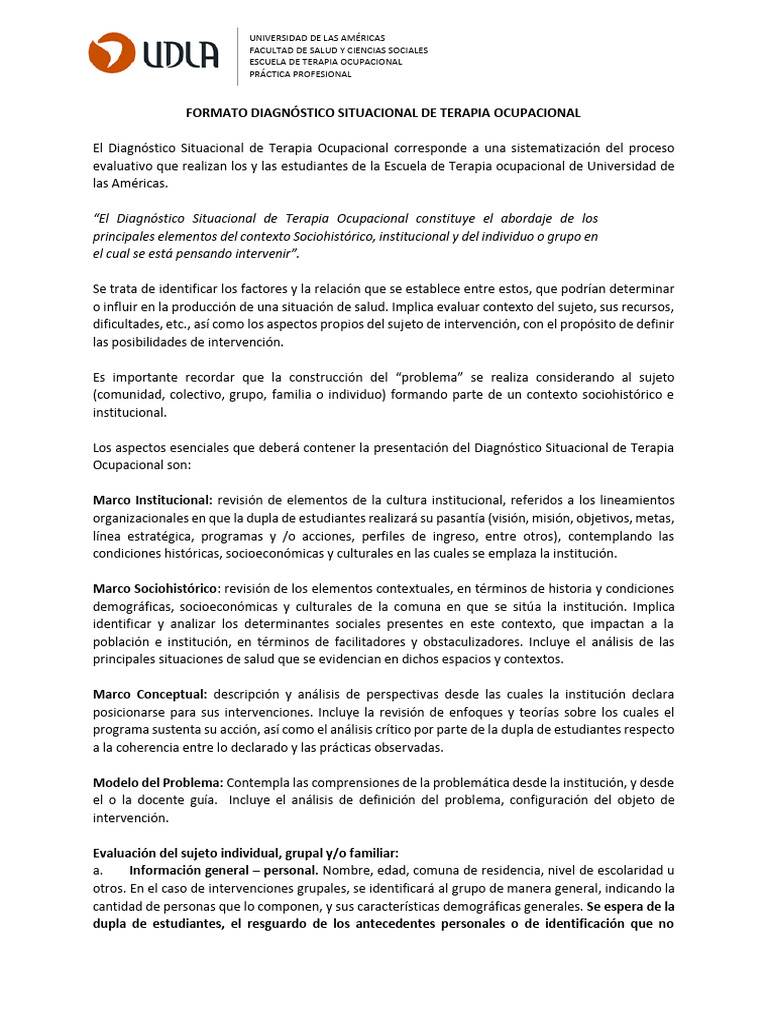Formato Diagnóstico Situacional PP2024 | PDF | Terapia ocupacional | Psicoterapia