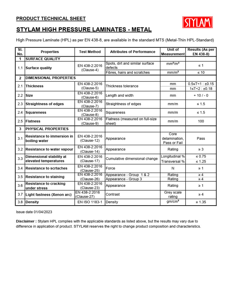 TDS-Metal HPL (Stylam) | PDF | Materials | Building Materials