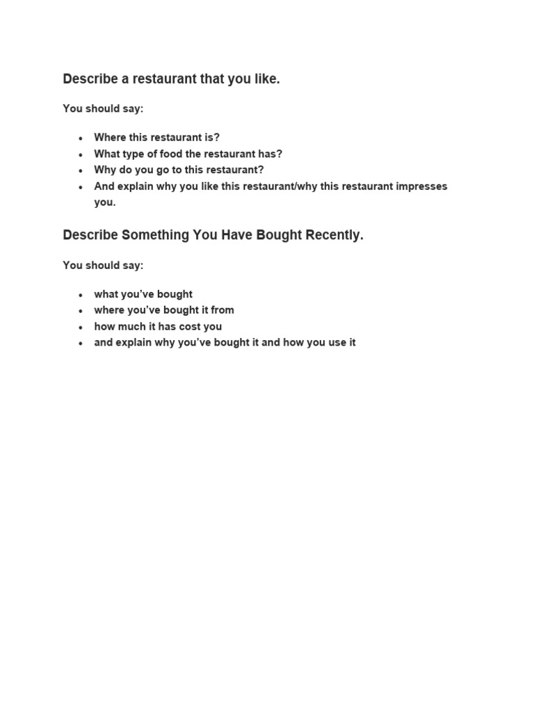 Describe a Restaurant That You Like | PDF