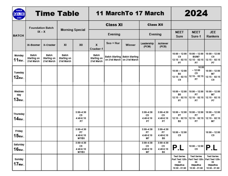 New Batch Time Table 11 March To 17 March 2024 | PDF