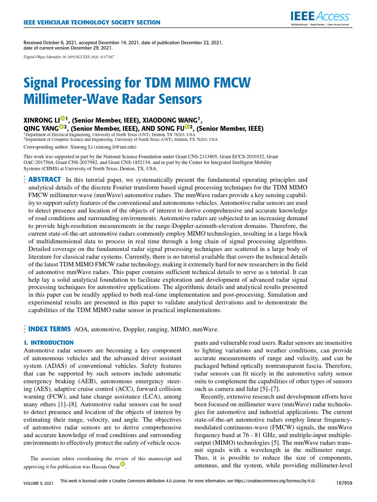Signal Processing for TDM MIMO FMCW Millimeter-Wave Radar Sensors | PDF | Radar | Multiplexing