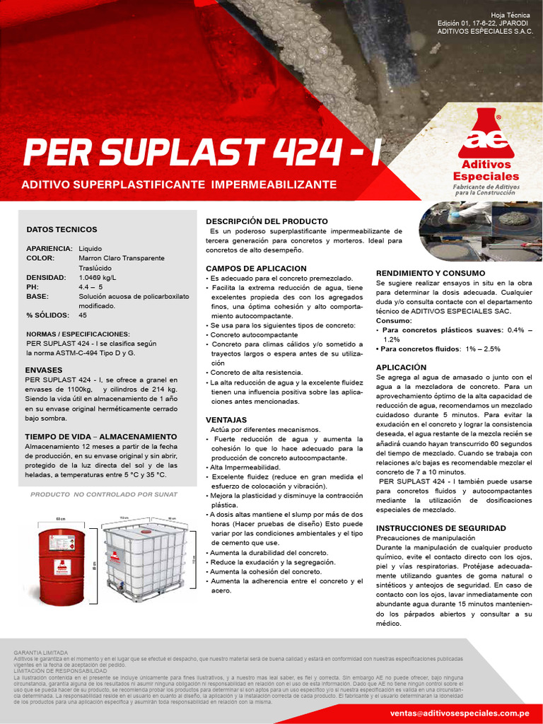 FT Per Suplast 424 - I-1 | PDF | Hormigón
