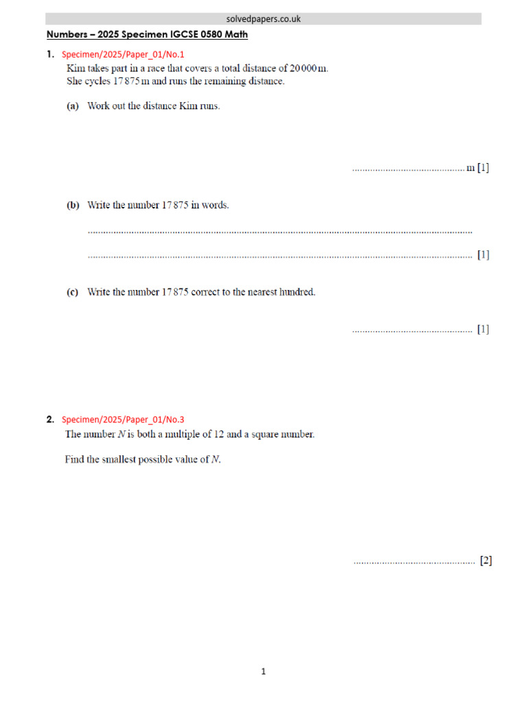 2025 Numbers IGCSE 0580 Math Specimen | PDF | Business