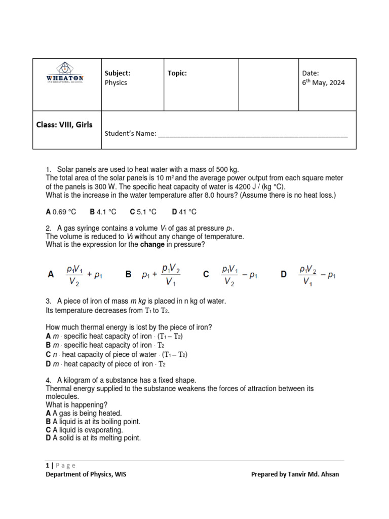 Physics Worksheet Heat Capacity G8 | PDF