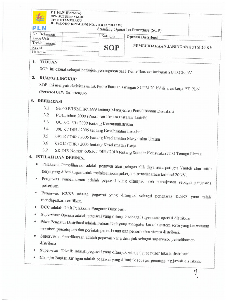Sop Pemeliharaan Jaringan Sutm 20KV | PDF