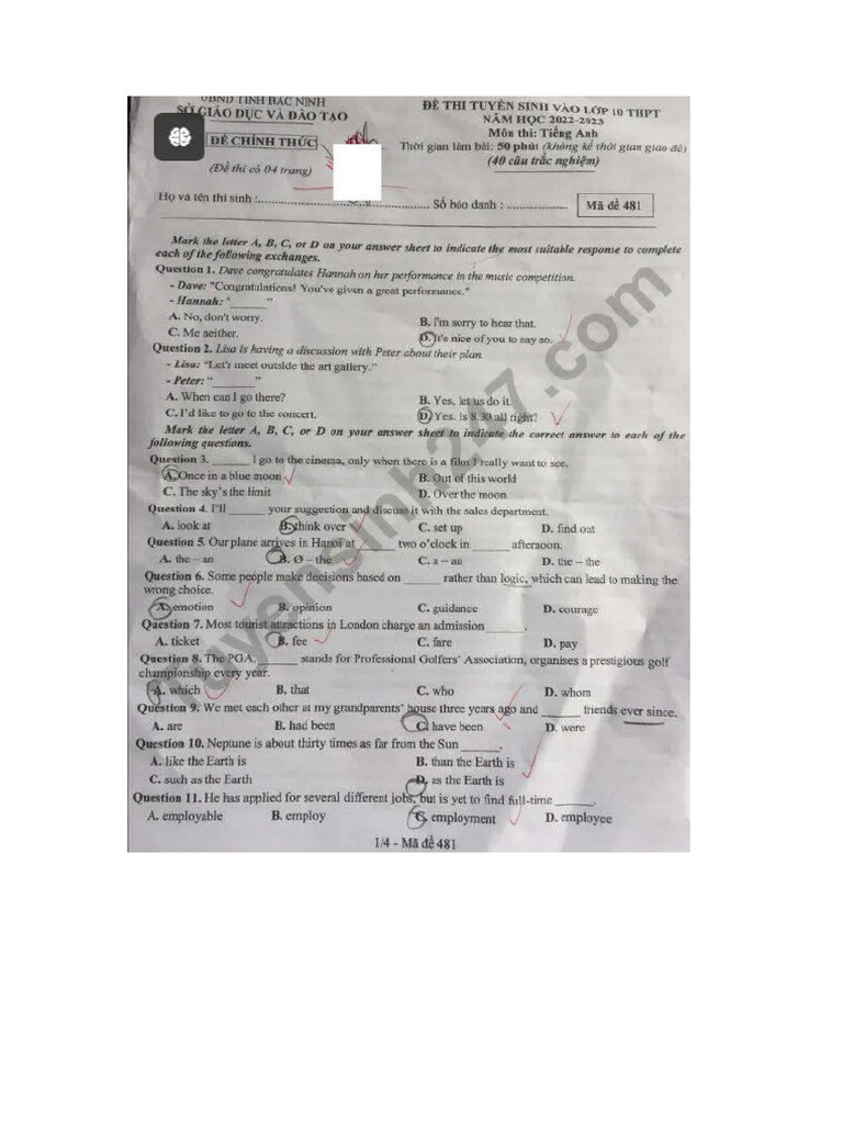 De Thi Vao Lop 10 Mon Anh Bac Ninh 2022 | PDF