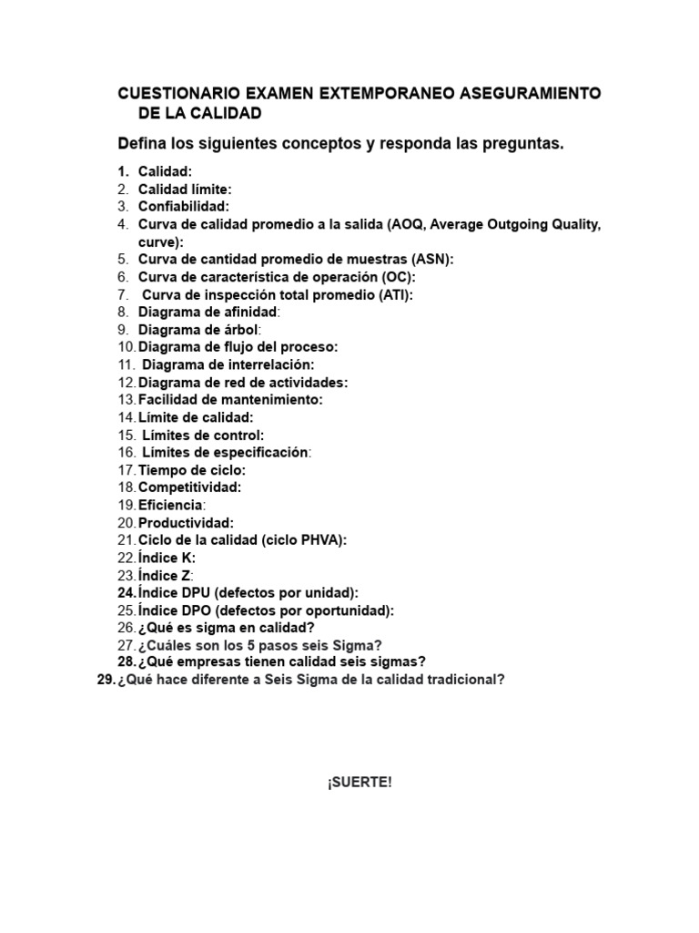 EXAMEN EXTEMPORANEO ASEGURAMIENTO DE LA CALIDAD | PDF