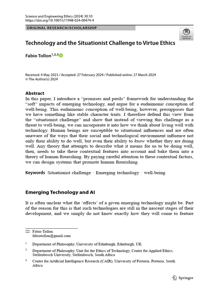 Technology and The Situationist Challenge To Virtue Ethics: Fabio ...