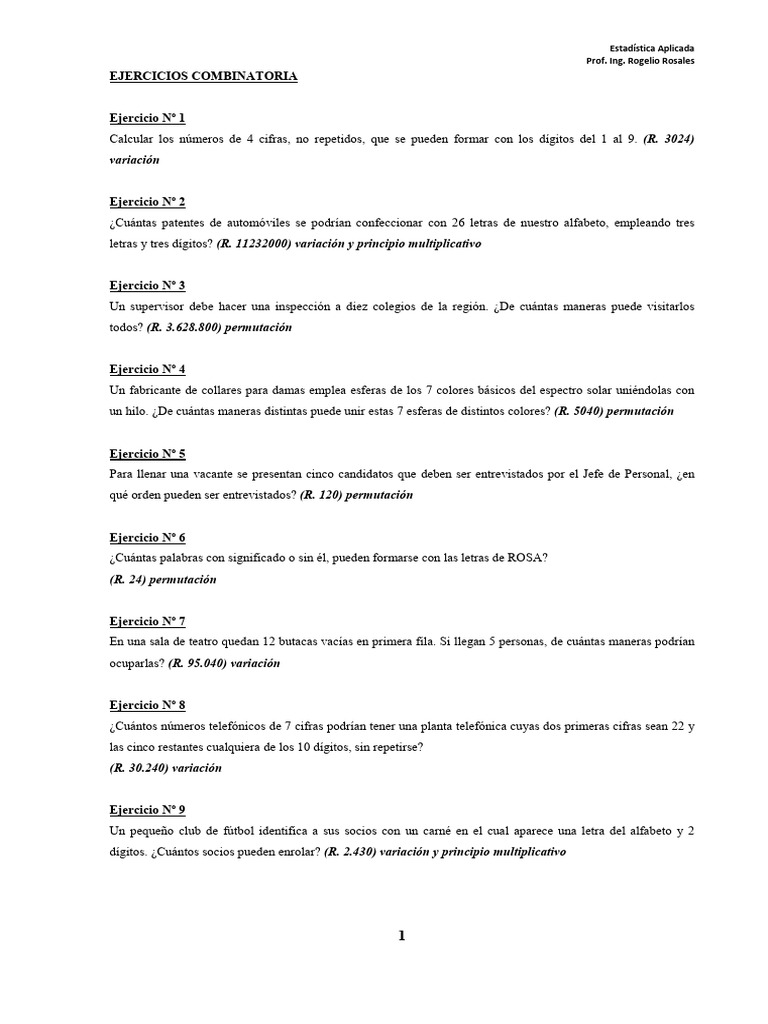 Ejercicios Combinatoria 1 Resultados | PDF | Matemáticas