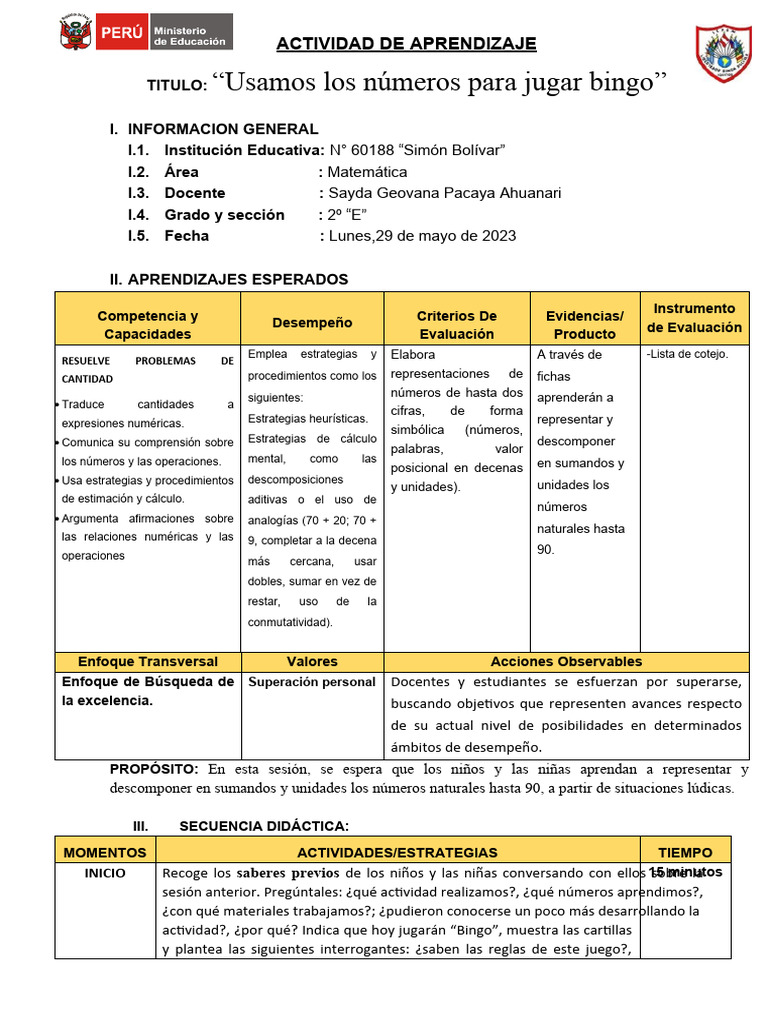 SES-MAT-2°-Usamos Los Números para Jugar Bingo | PDF | Evaluación ...