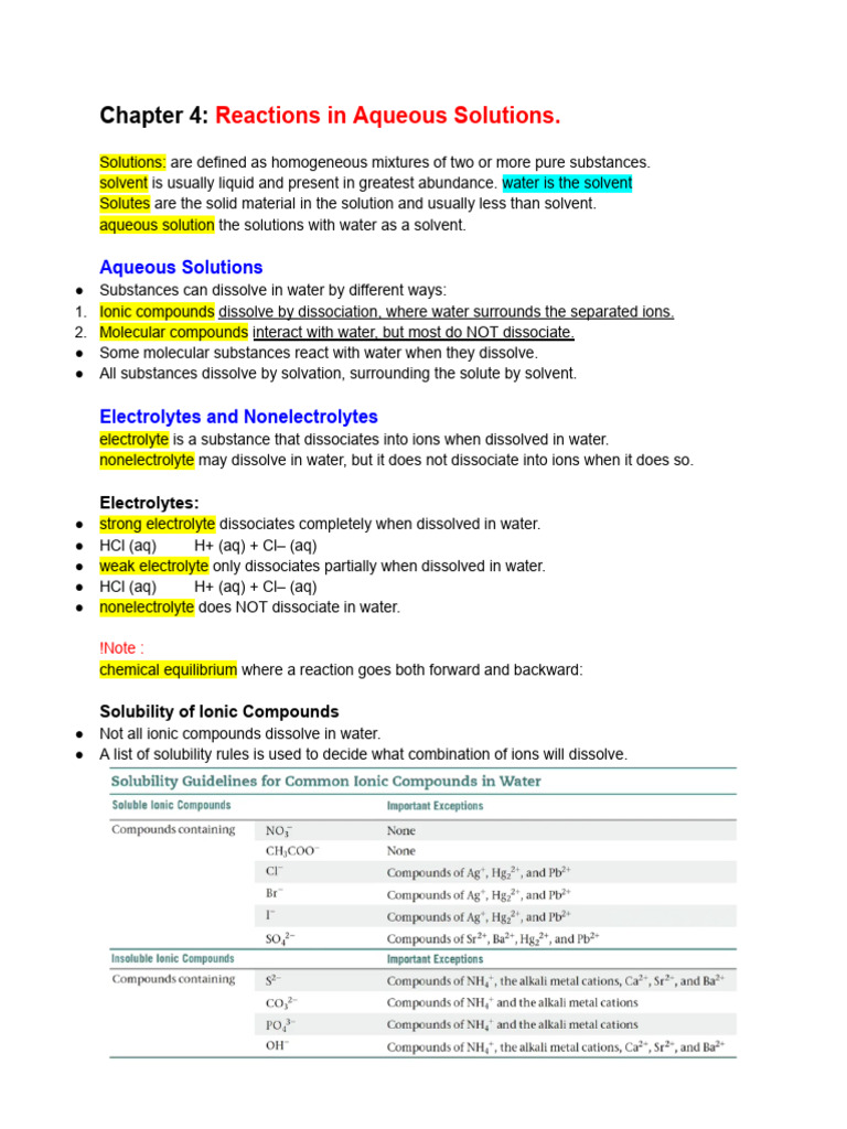 Chapter 4 - Reactions in Aqueous Solutions | PDF | Solvation | Acid