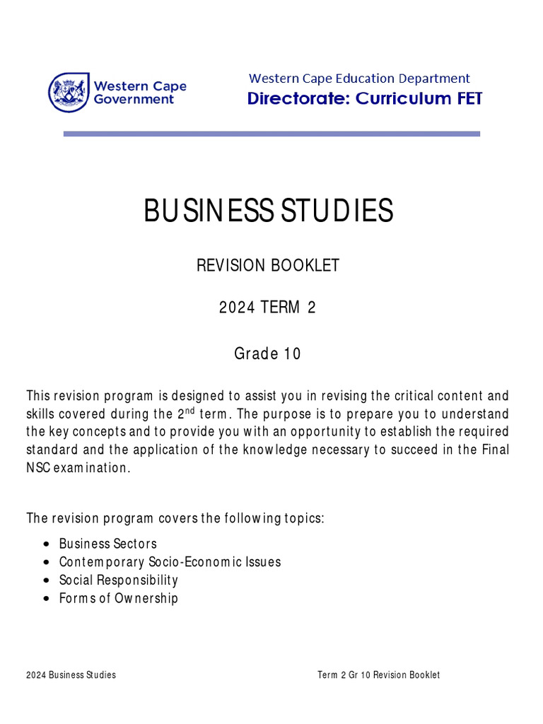2024 Term 2 GR 10 BSTD Revision Booklet | PDF | Business | Poverty