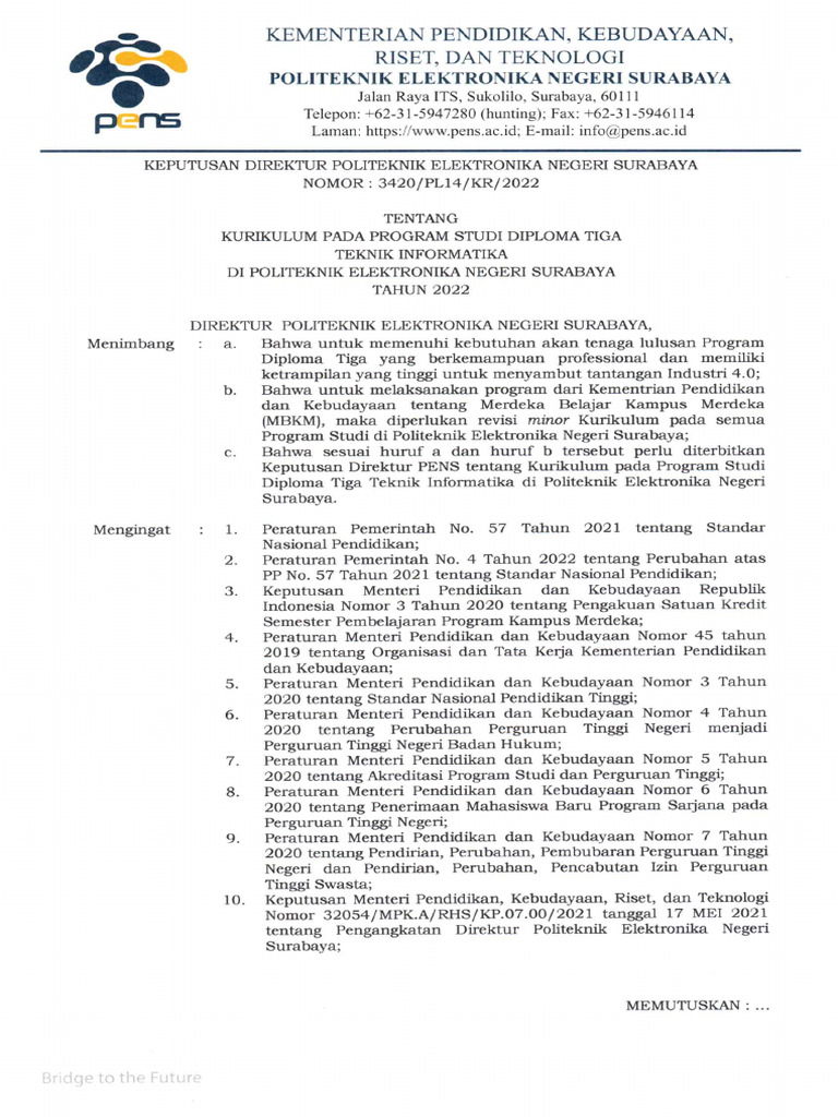 Penetapan 2022 SK Kurikulum D3 T. Informatika | PDF