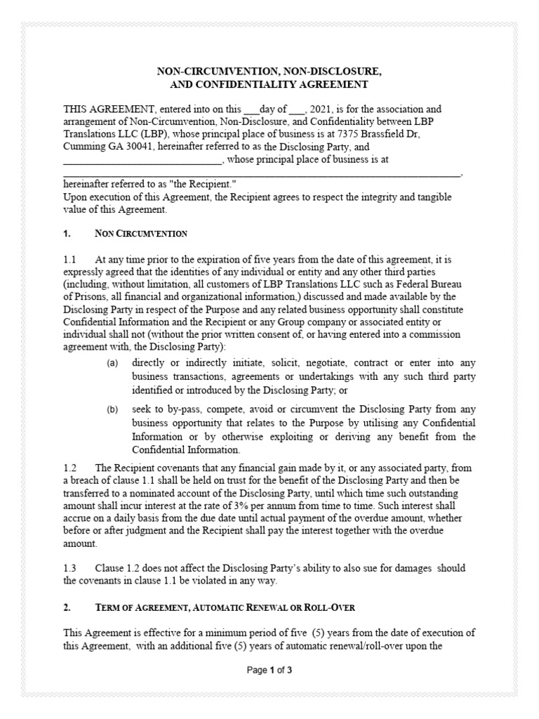 Non-Circumvention Non-Disclosure and Confidentiality Agreement | PDF ...
