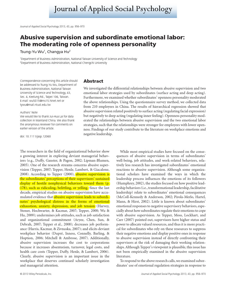 Abusive Supervision and Subordinate Emotional Labor | PDF | Emotions ...