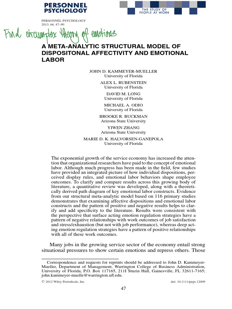 A Meta Analytic Structural Model of Dispositonal Affectivity and Emotional Labor | PDF | Affect ...
