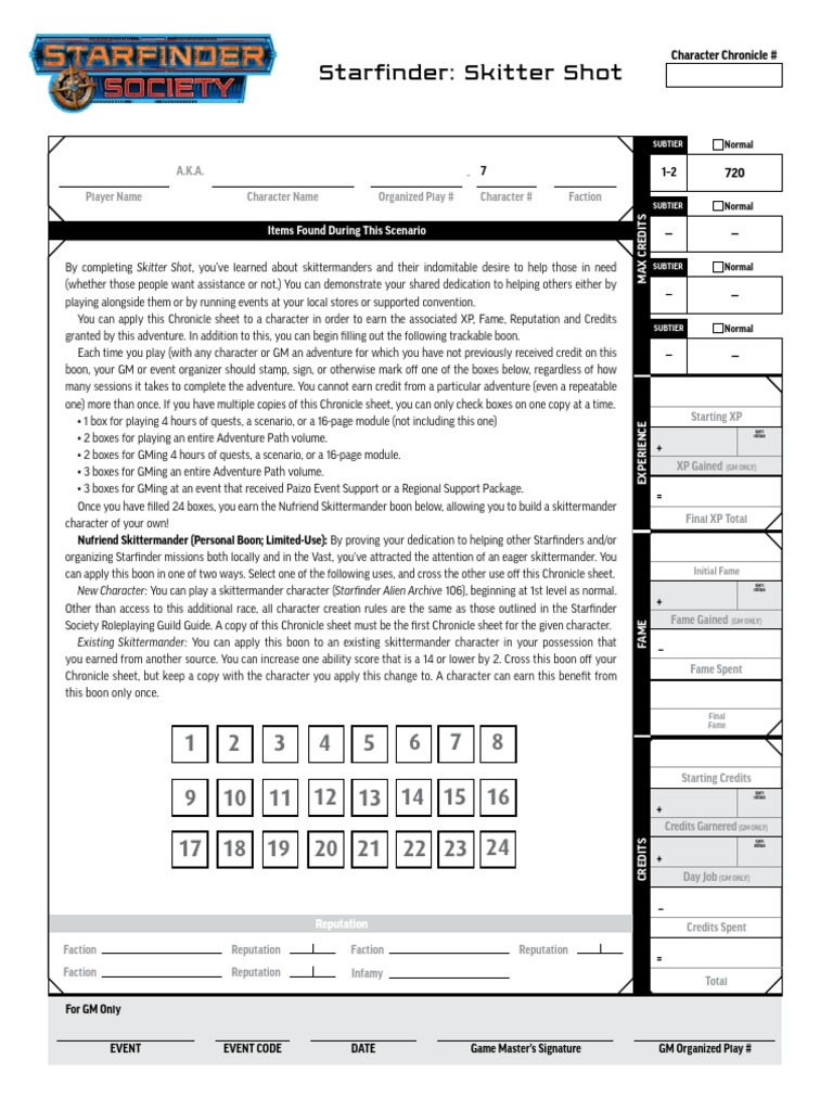 Skitter Shot Cronicle Sheet | PDF | Role Playing Games | Role Playing ...