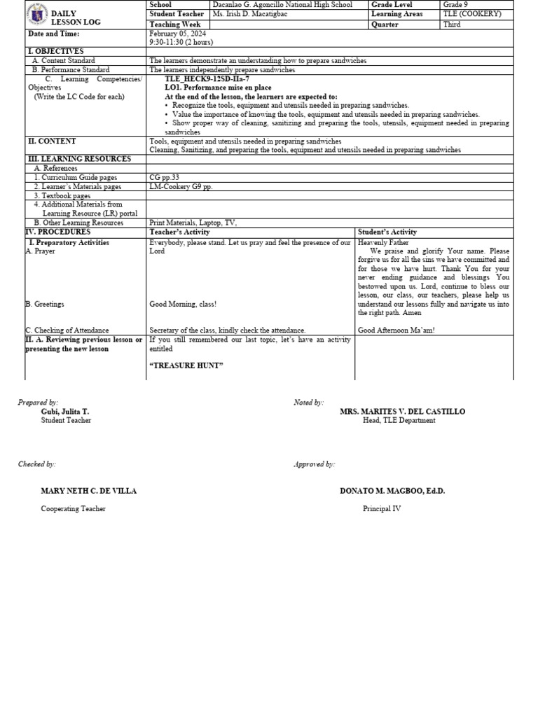 Detailed Lesson Plan - Tools, Utensils, and Equipments Topic | PDF ...