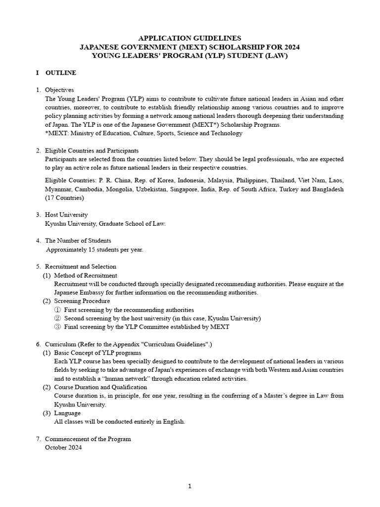 Application Guidelines Japanese Government (Mext) Scholarship For 2024 Young Leaders' Program ...