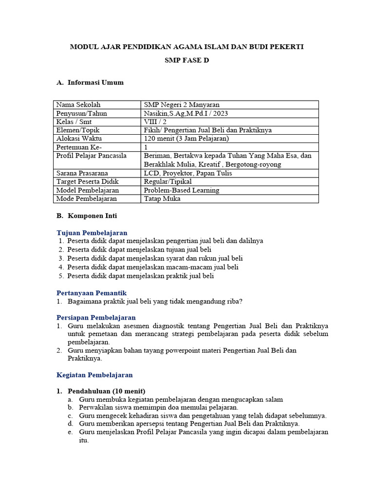 Modul Ajar Pai Dan BP SMP Kelas Viii Bab 9 | PDF | Karier & Perkembangan | Bisnis