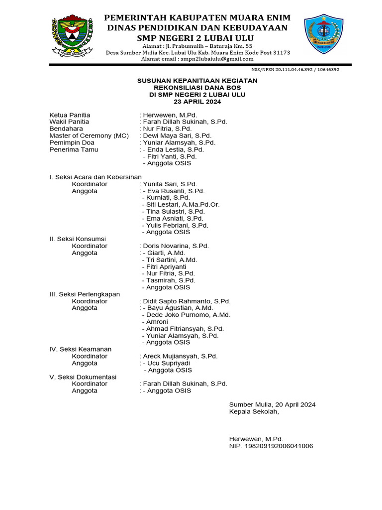 Susunan Kepanitiaan Kegiatan Rekon 2024 | PDF
