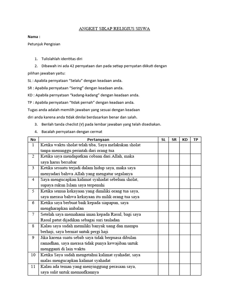 Angket Sikap Religius Siswa New 2024 | PDF