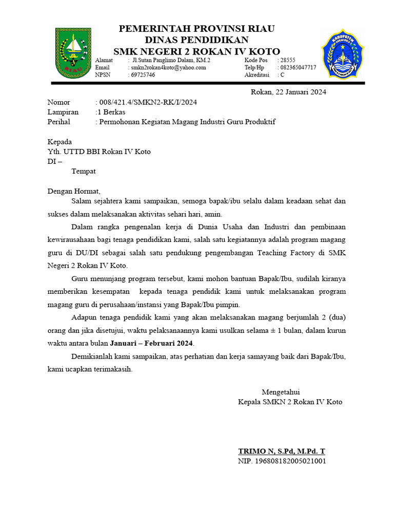 Surat Magang Guru | PDF