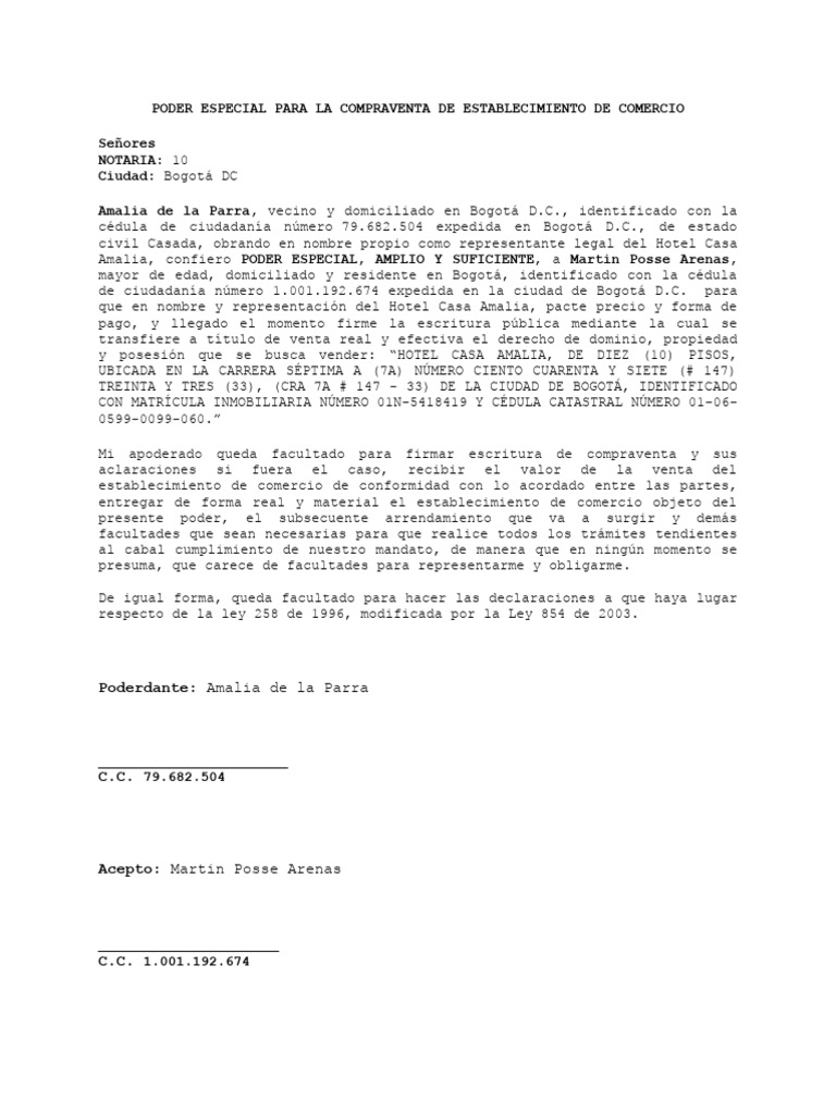 Poder Especial para La Compraventa de Establecimiento de Comercio - Martin Posse Arenas | PDF