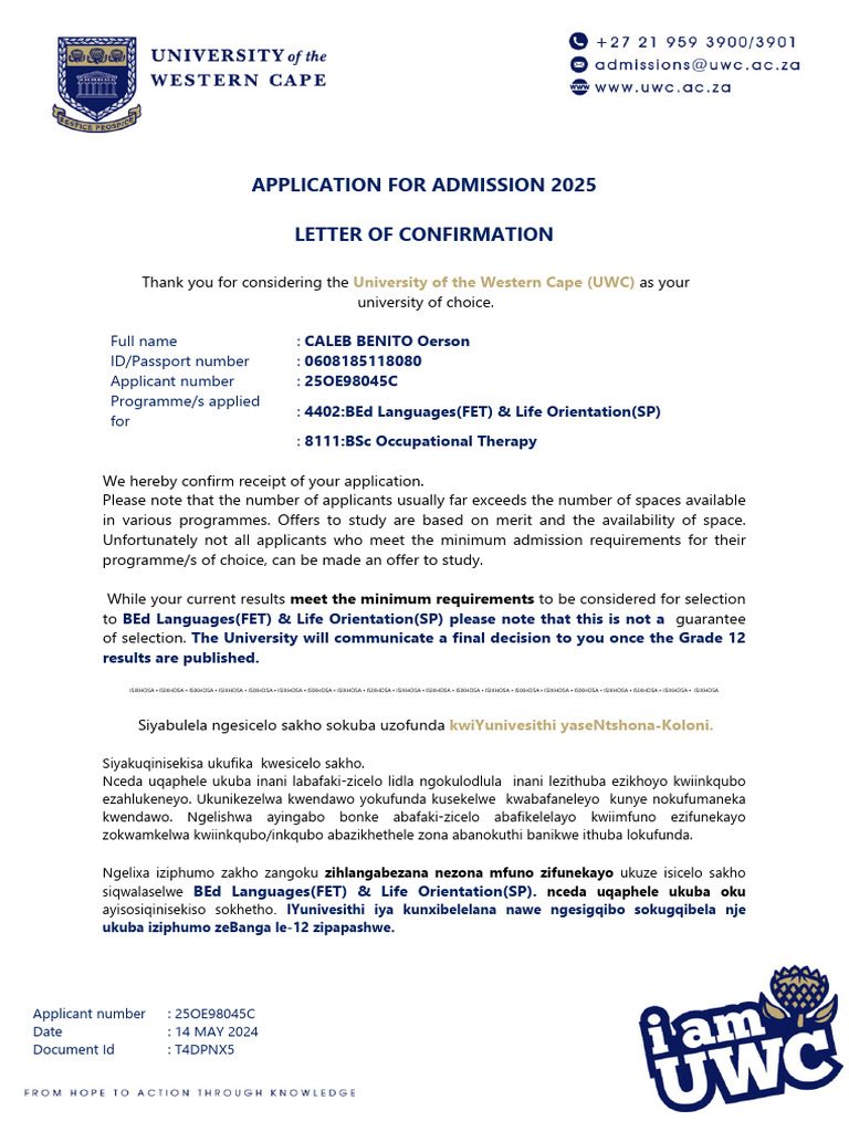 Application For Admission 2025 Letter of Confirmation: University of The Western Cape (UWC) | PDF